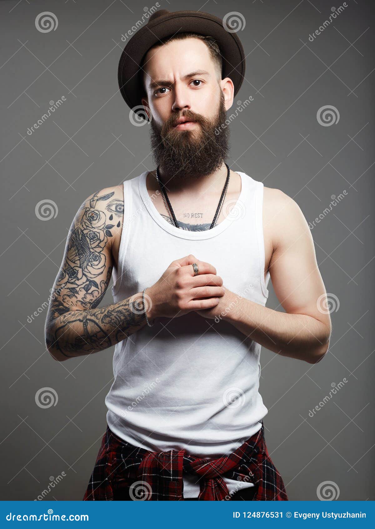 Handsome Bearded Man in Hat. Tattoo Stock Image - Image of model, face ... Handsome Bearded Man in Hat. Tattoo Stock Image - Image of model, face ...