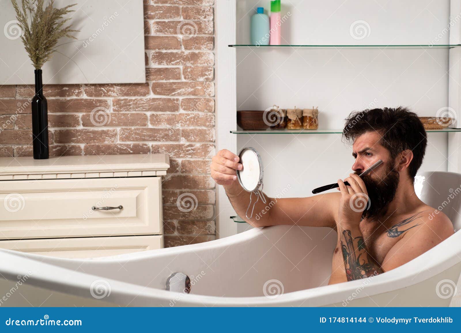 Handsome Bearded Man Washing In Bath Grooming Beard Bearded Man With