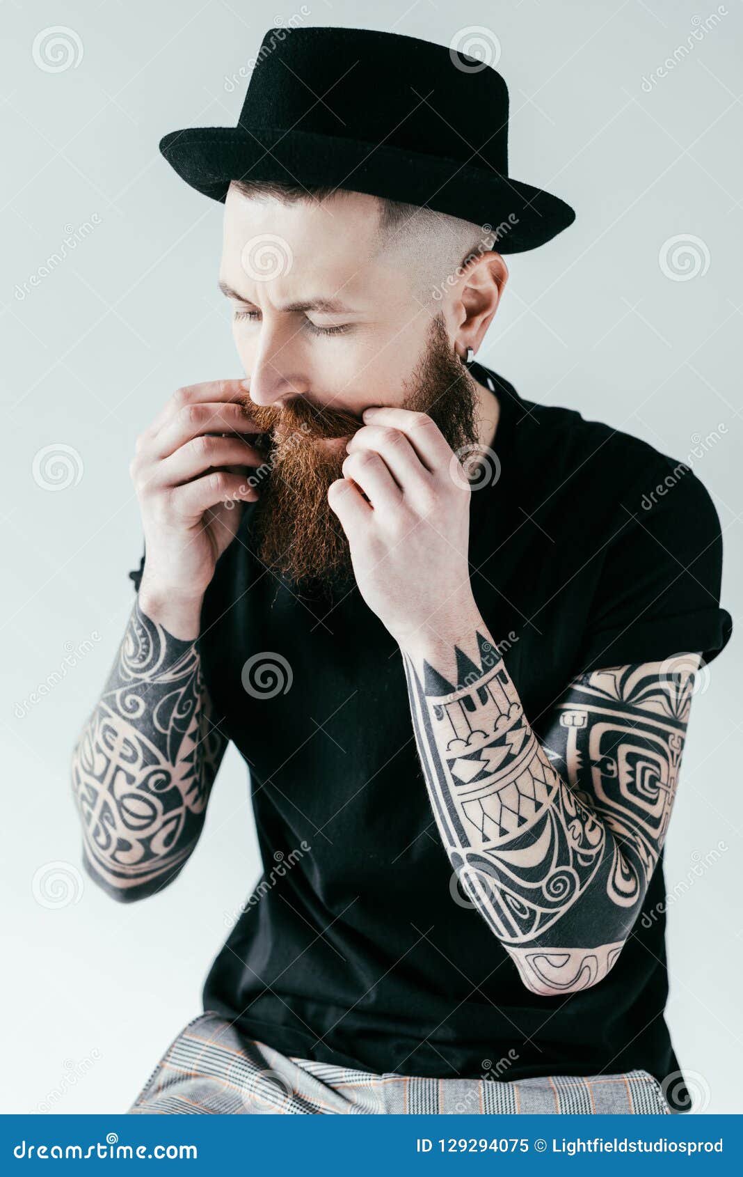 Handsome Bearded Tattooed Man Twisting Mustache Stock Image - Image of ...