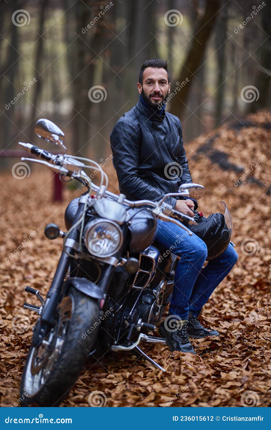 Handsome Biker in the Forest. Stock Photo - Image of chopper, autumn ...