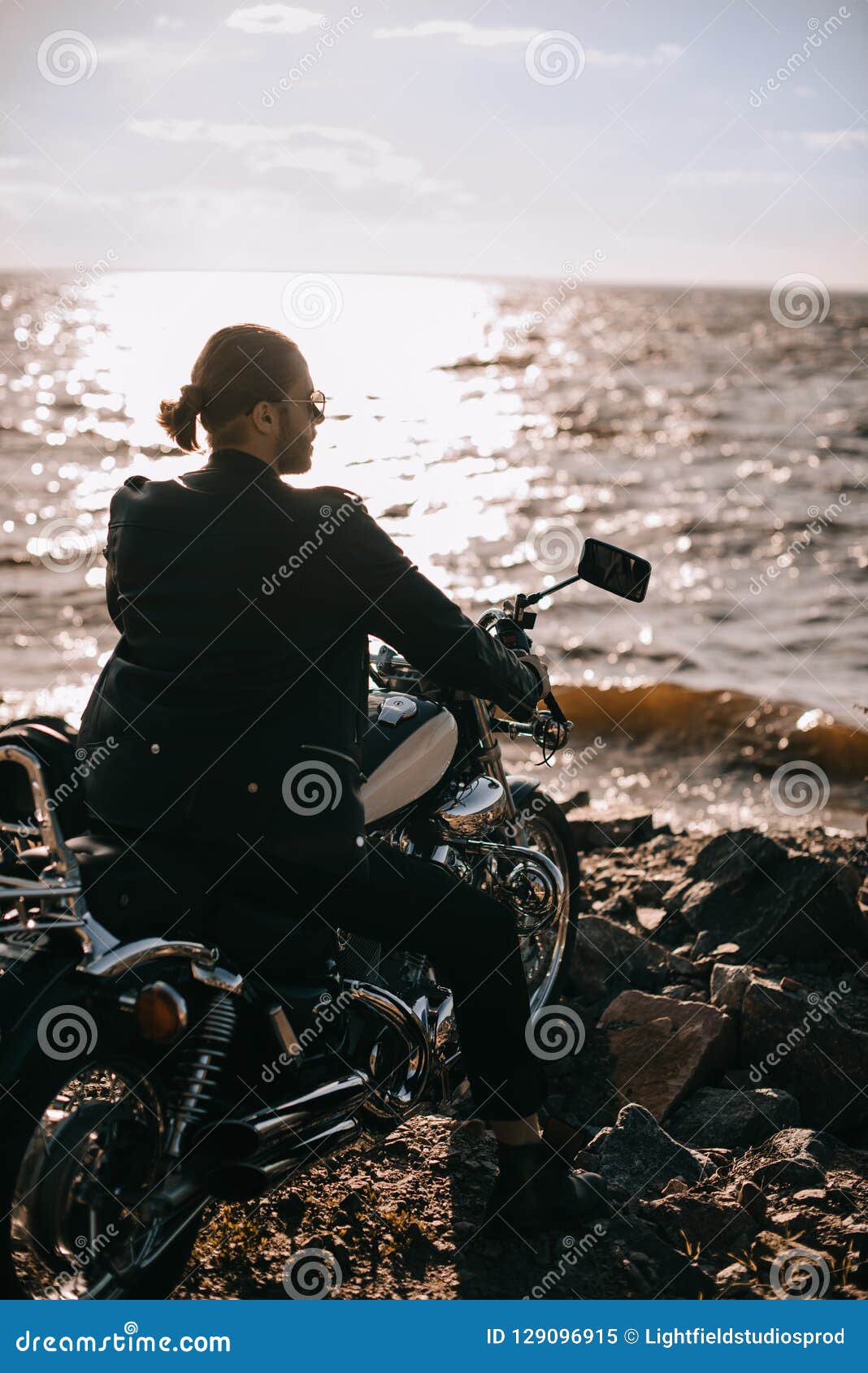Handsome Biker Sitting on Classical Motorcycle Near the Sea Stock Image ...