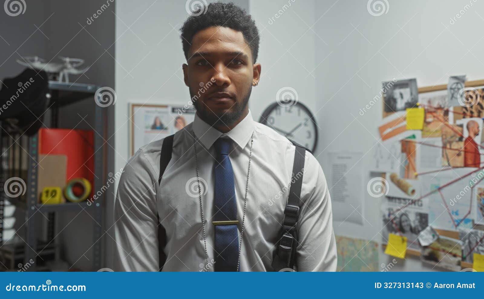 Handsome Black Man in Detective Office with Evidence Board, Clock, and ...