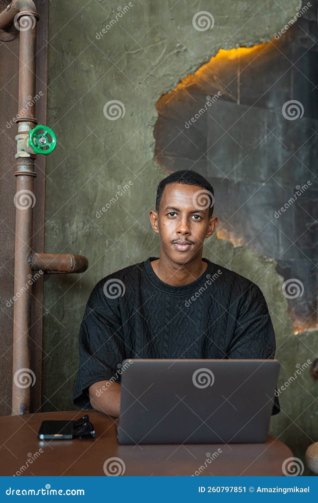 Handsome Black Man Sitting and Using Laptop Computer Indoors Stock ...