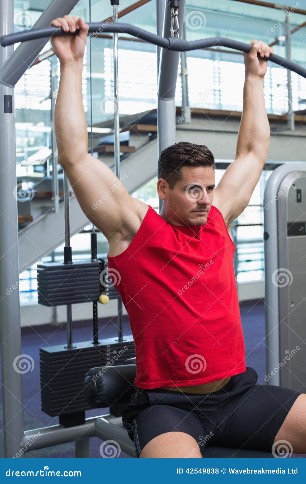 Handsome Bodybuilder Using Weight Machine for Arms Stock Photo - Image ...