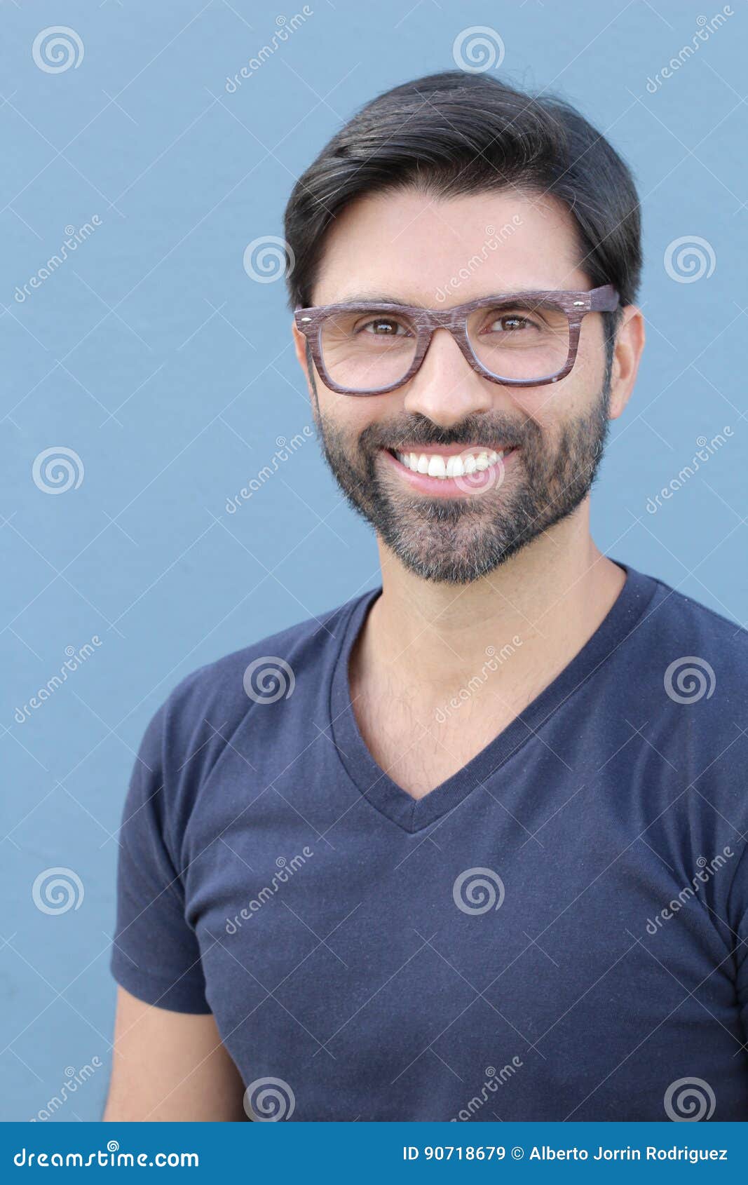Handsome Brunette Bearded Man With Glasses Smiling Close Up Stock Image