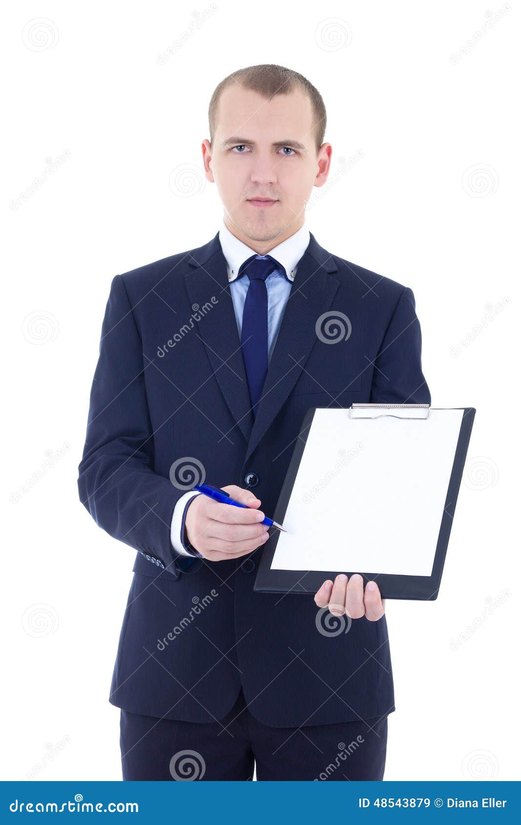 Handsome Business Man In Suit Holding Blank Clipboard Isolated O Stock