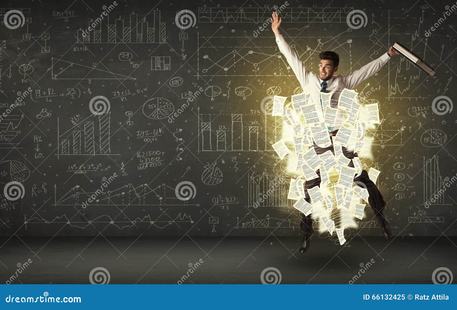 Handsome Businessman Jumping with Paper Document Cloud Stock Image ...