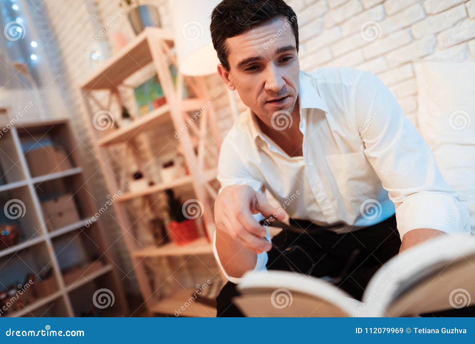 Handsome Businessman Read Book Sitting In Bed Adult Man Took Off His
