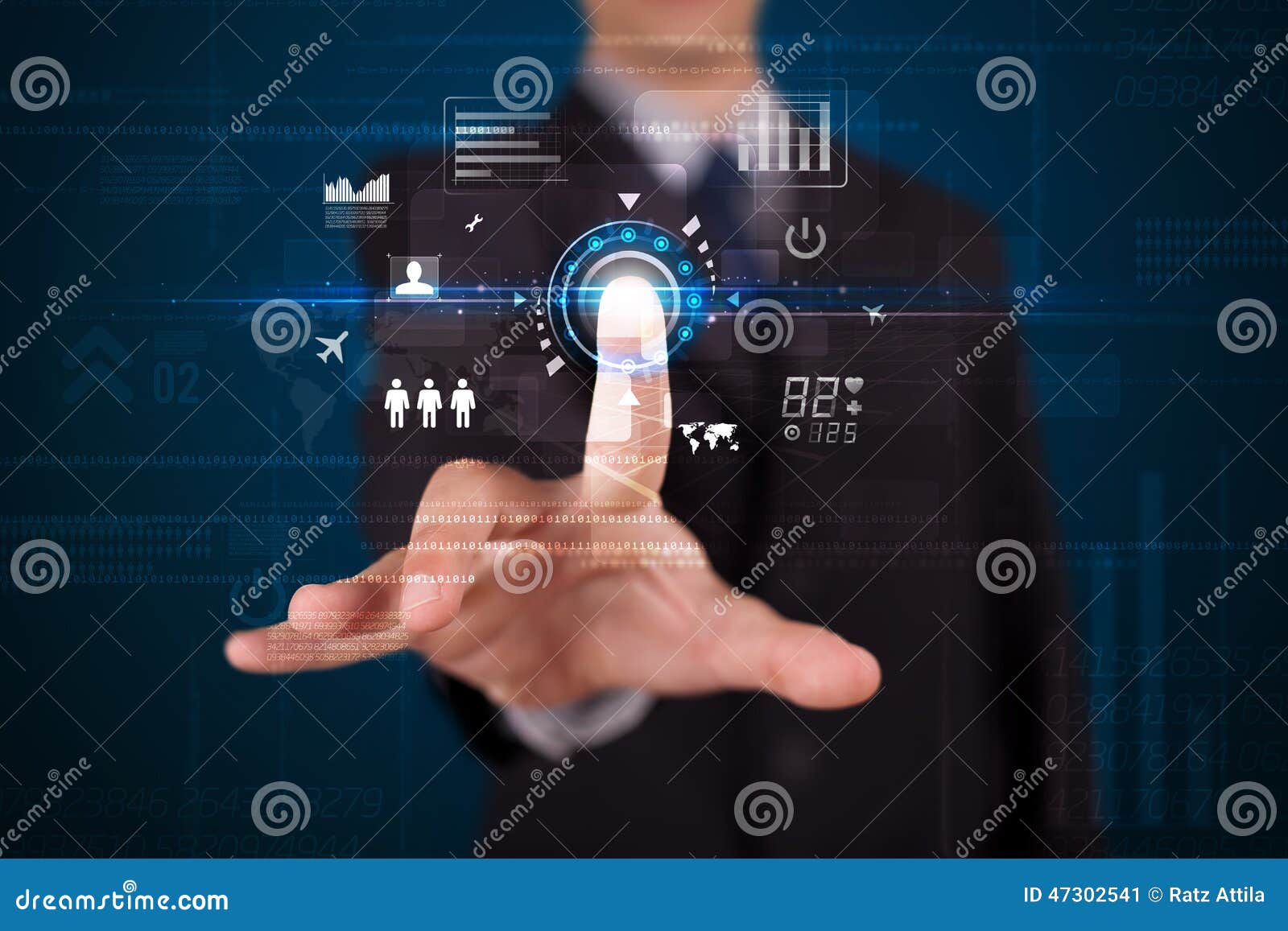 Handsome Businessman Touching Future Web Technology Buttons and Stock ...