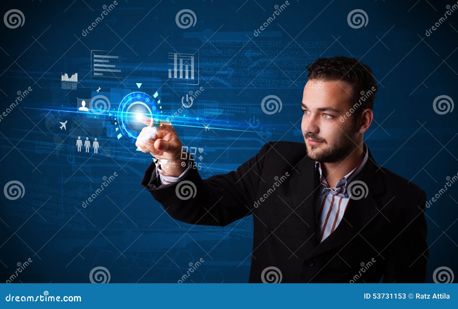 Handsome Businessman Touching Future Web Technology Buttons and Stock ...