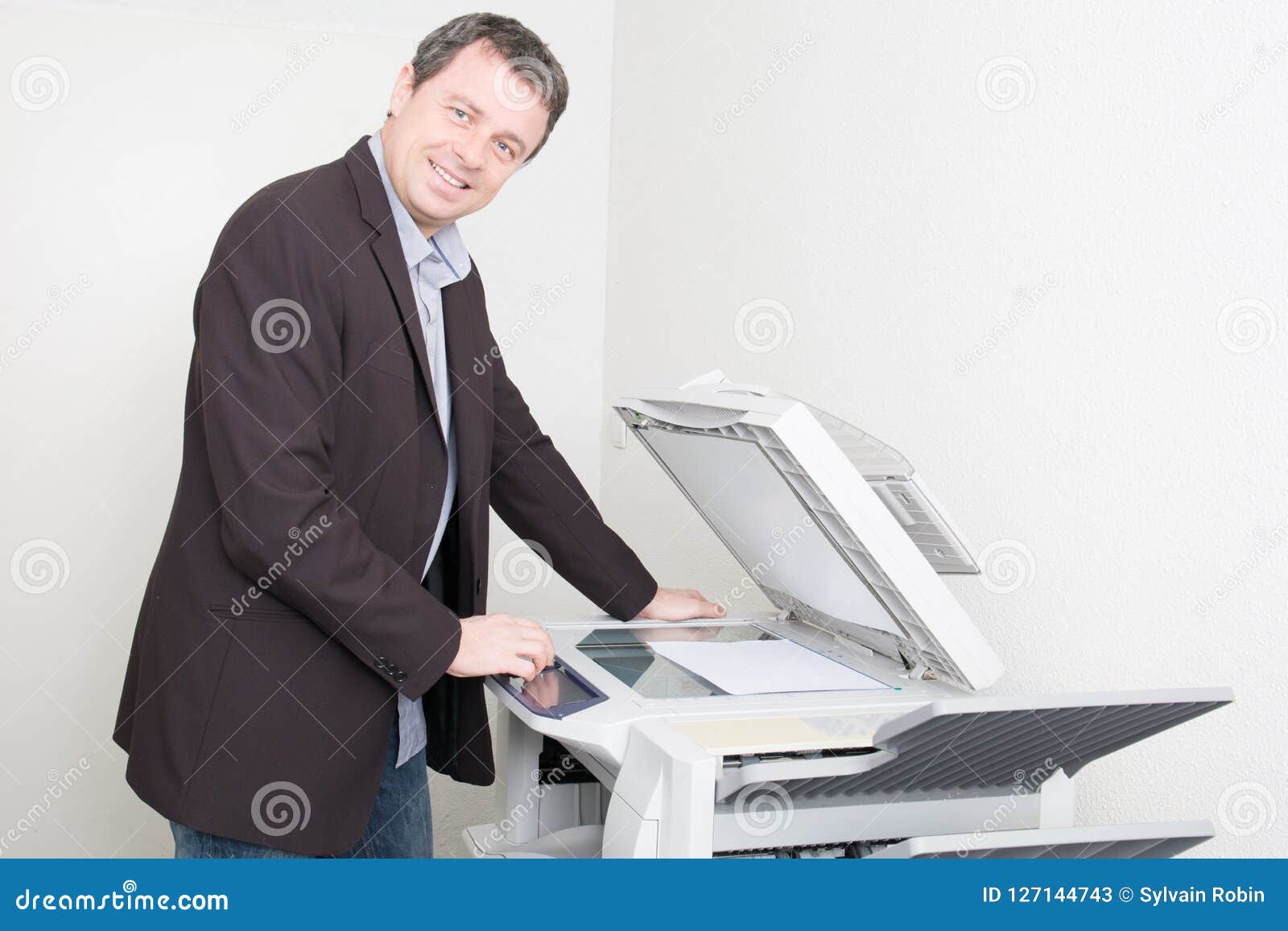 Businessman at Work Place with Copy Machine Copier at Office Stock ...