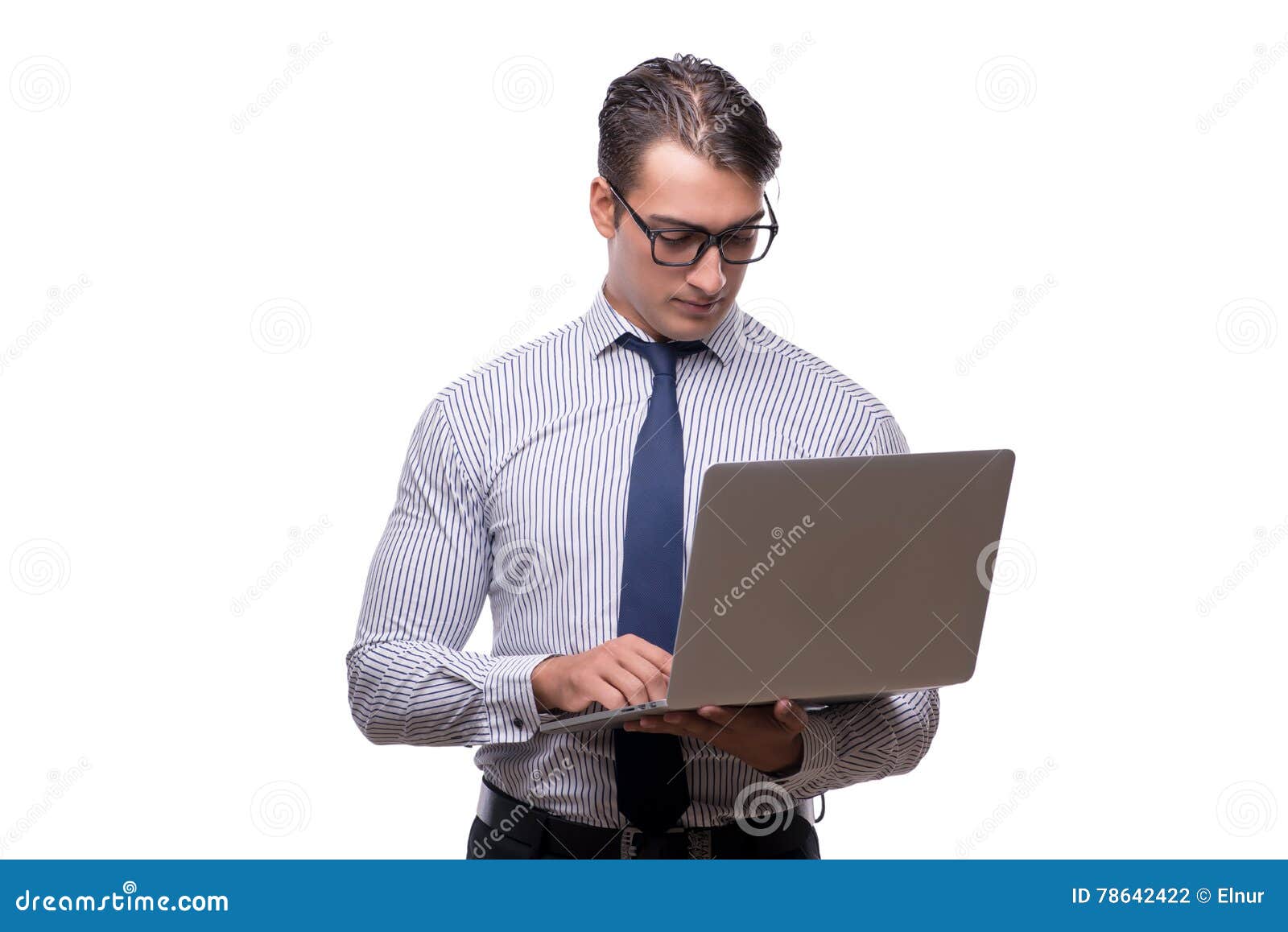 Handsome Businessman Working with Laptop Computer Isolated on Wh Stock ...