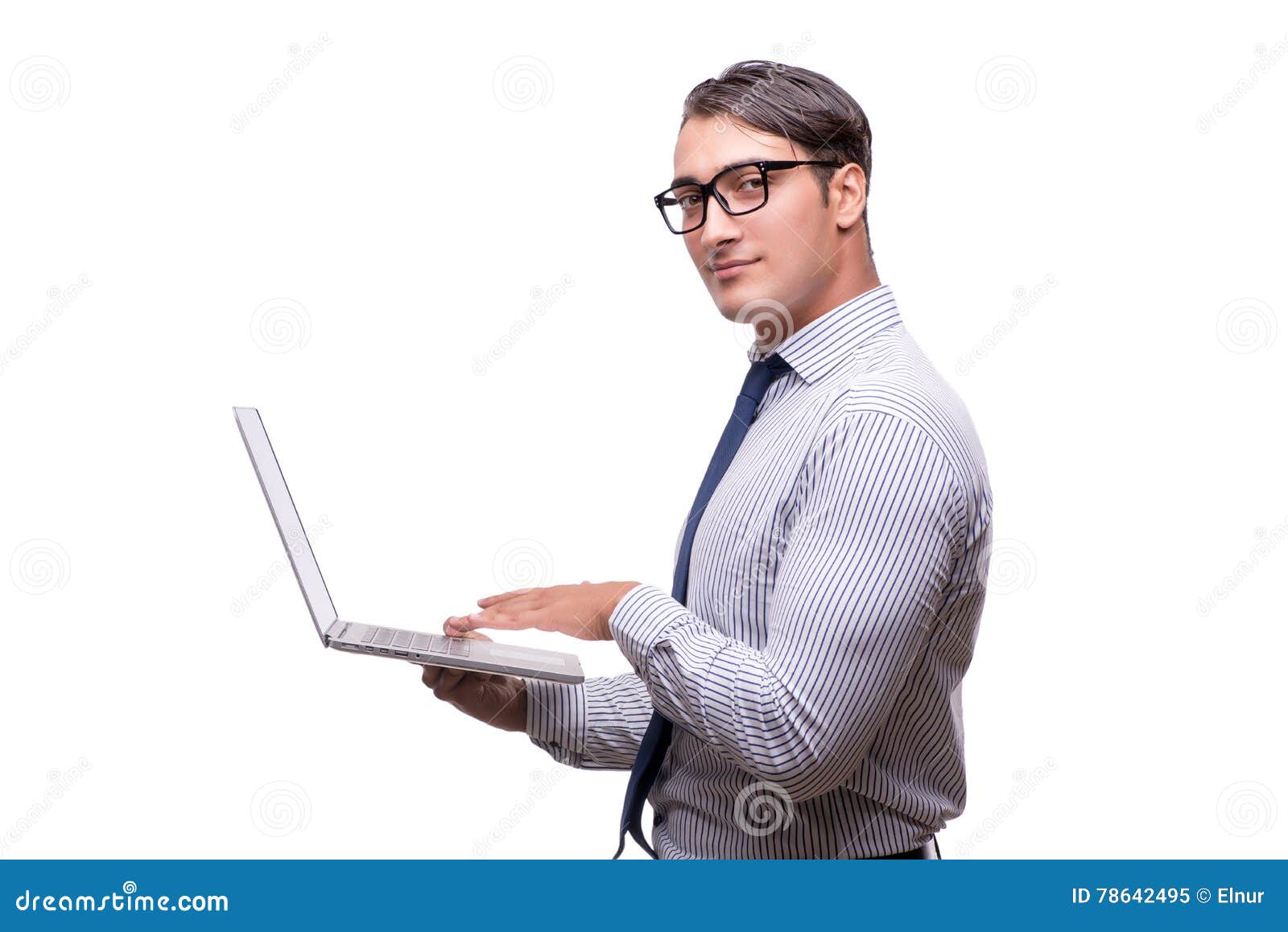 Handsome Businessman Working with Laptop Computer Isolated on Wh Stock ...