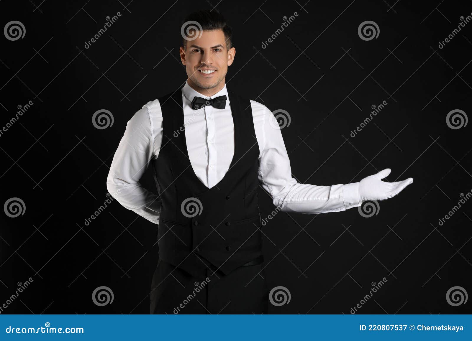 Handsome Butler in Elegant Uniform on Black Background Stock Image ...