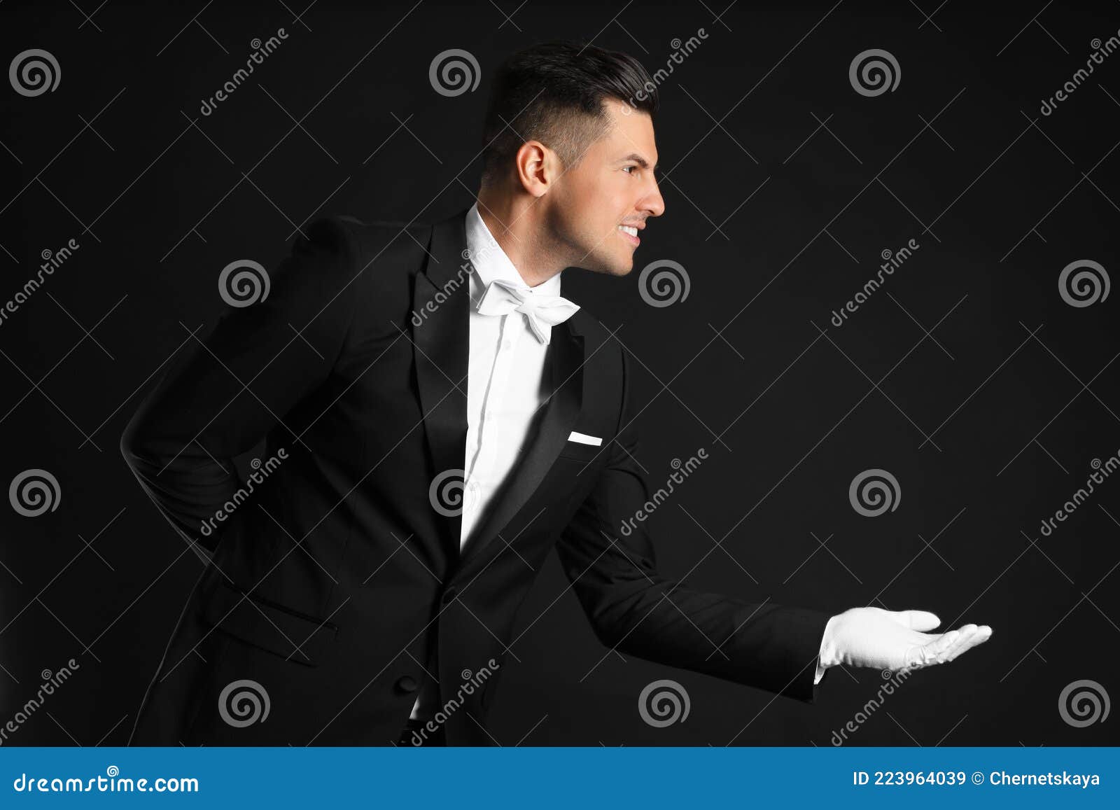 Handsome Butler With Tray On Light Grey Background Royalty-Free Stock ...