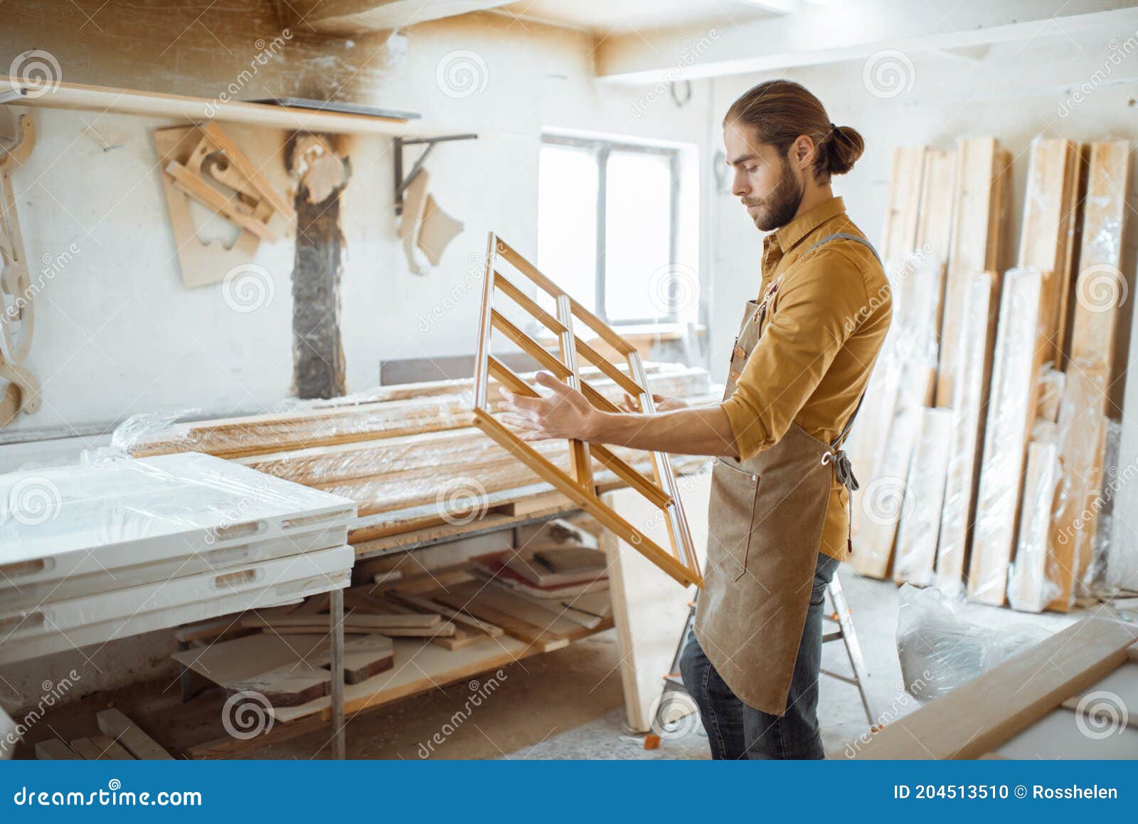 Carpenter with Window Frame at the Workshop Stock Photo - Image of ...