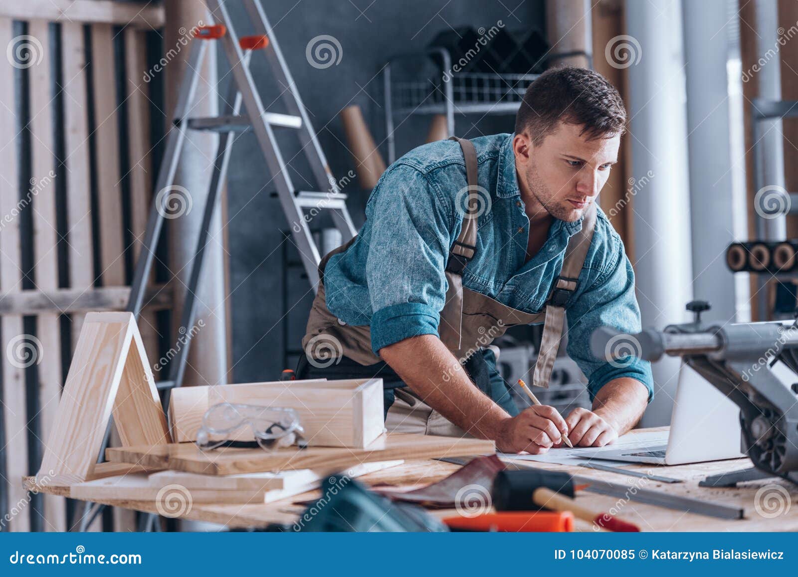 Handsome Carpenter Working in Workshop Stock Image - Image of laptop ...