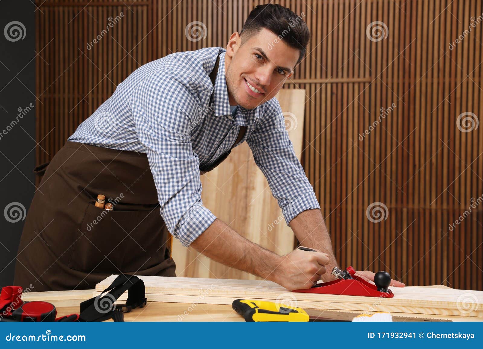 Handsome Carpenter Working with Timber at Table Stock Image - Image of ...