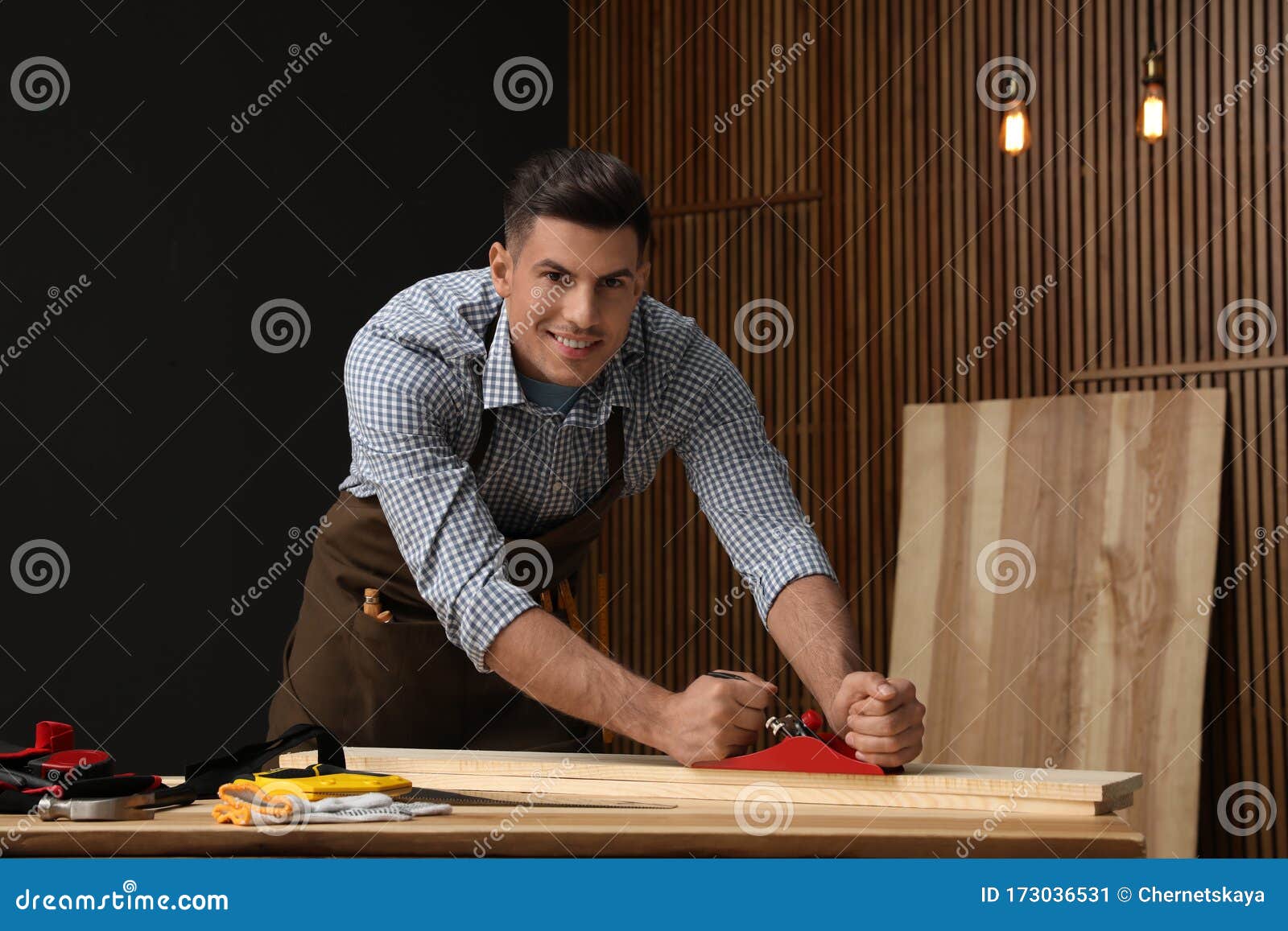 Handsome Carpenter Working with Timber at Table Stock Image - Image of ...