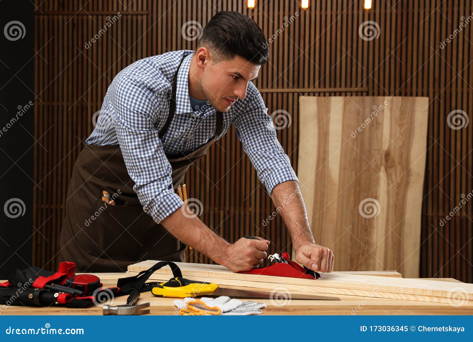 Handsome Carpenter Working with Timber at Table Stock Image - Image of ...