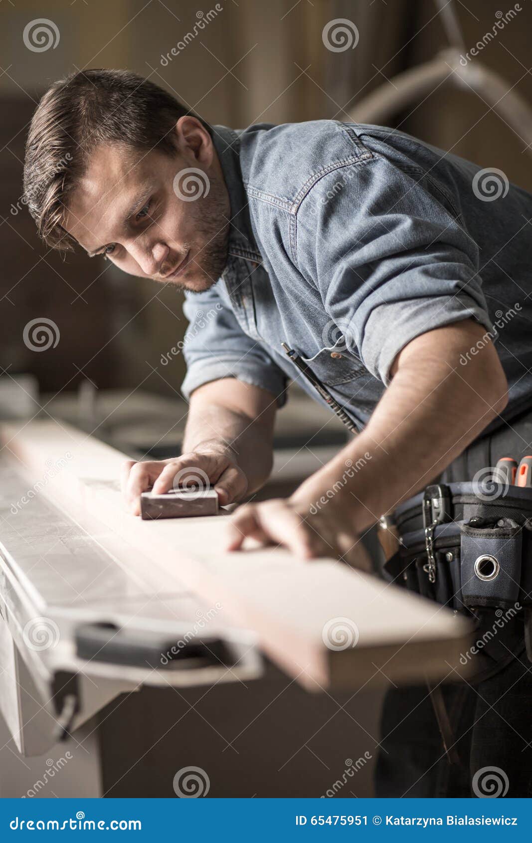 Handsome Carpentry Employee Grinding Board Stock Image - Image of ...