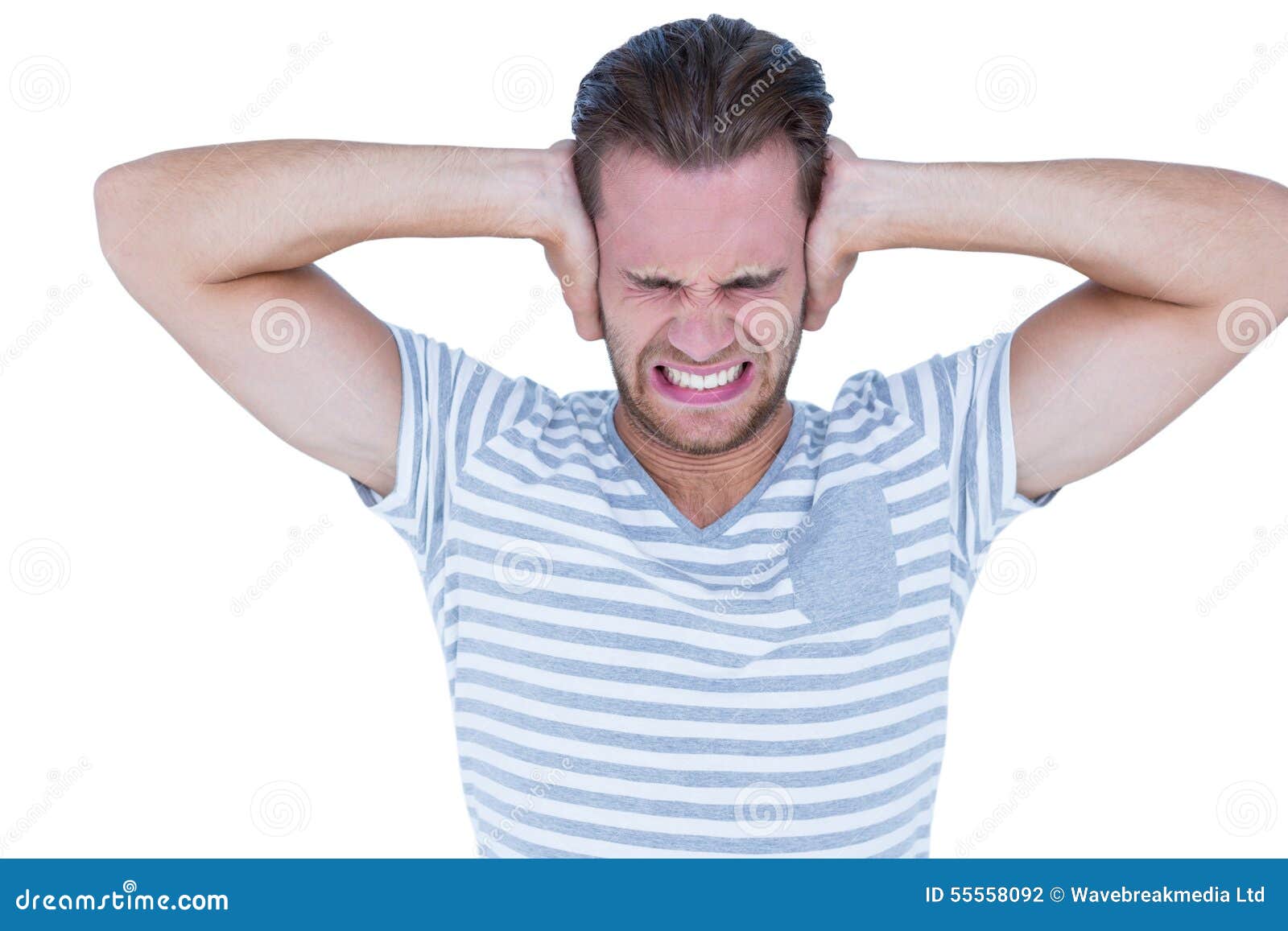 Handsome Casual Man Screaming with Hand on Ears Stock Photo - Image of ...