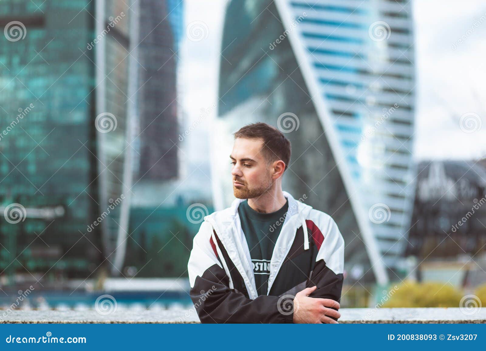 Handsome Casual Man in Windbreaker Standing on a Skyscraper View Stock ...