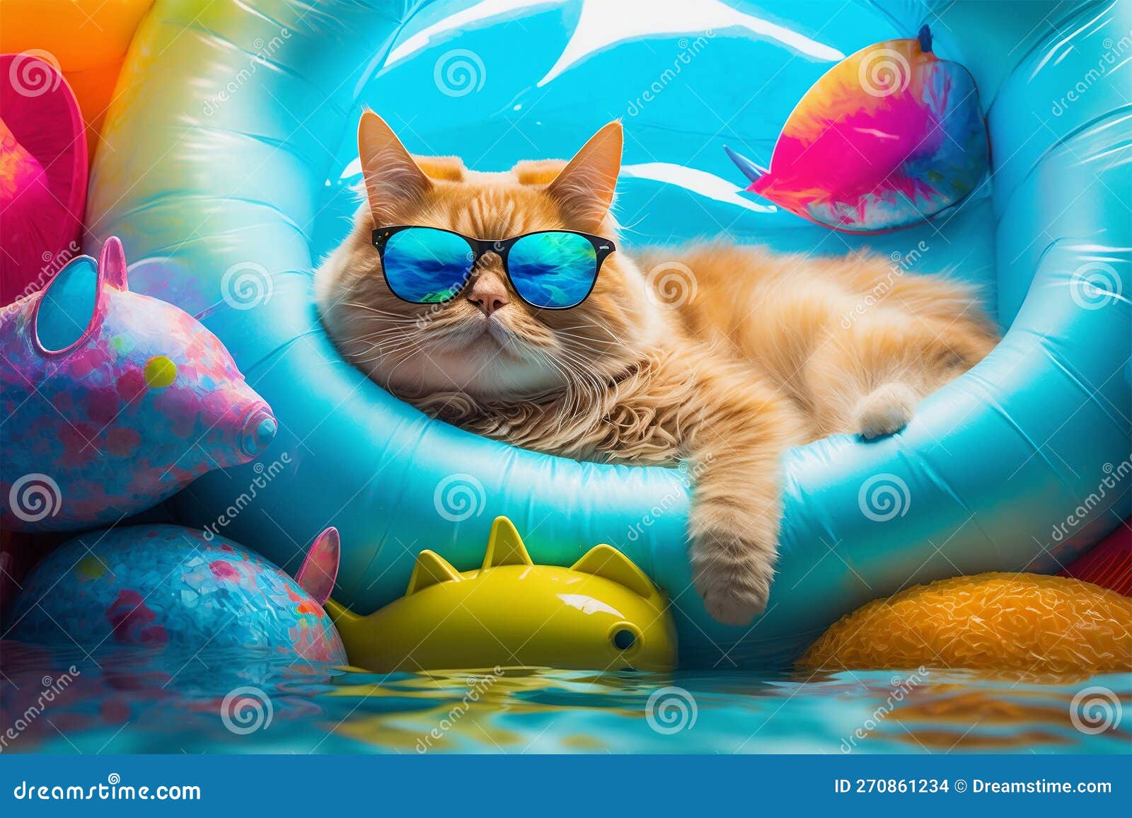 Handsome Cat Chilling on a Pool Float and Playing with Toy Fish ...
