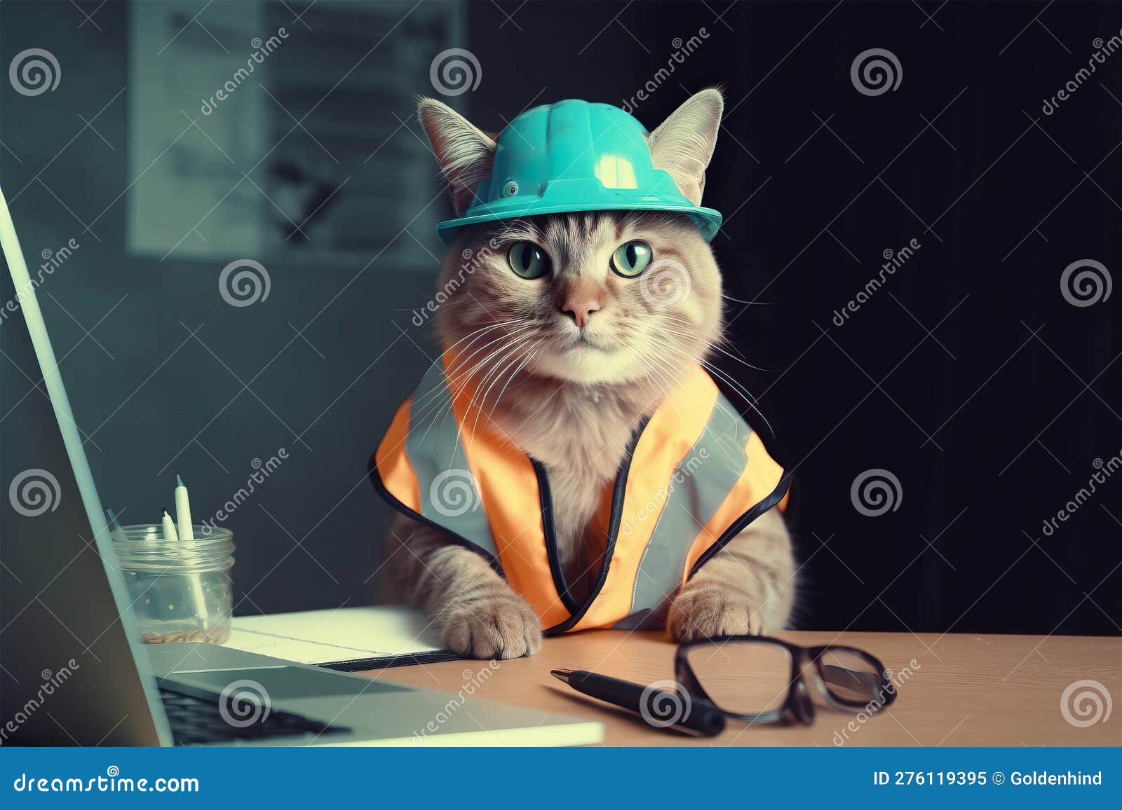 Handsome Cat Engineer Construction Worker Sitting at the Desk and Using ...