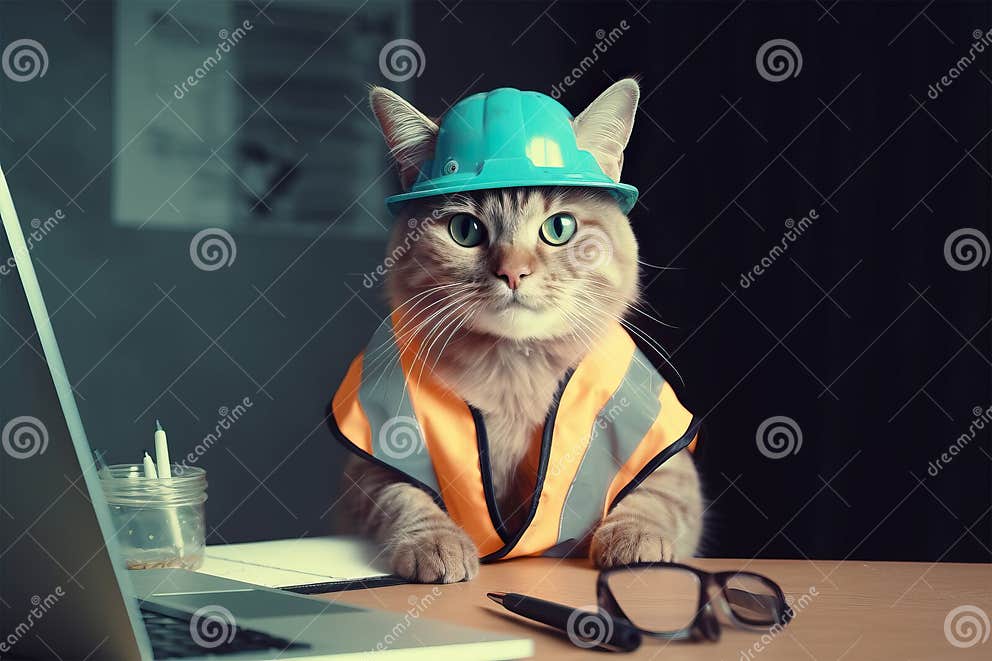 Handsome Cat Engineer Construction Worker Sitting at the Desk and Using ...