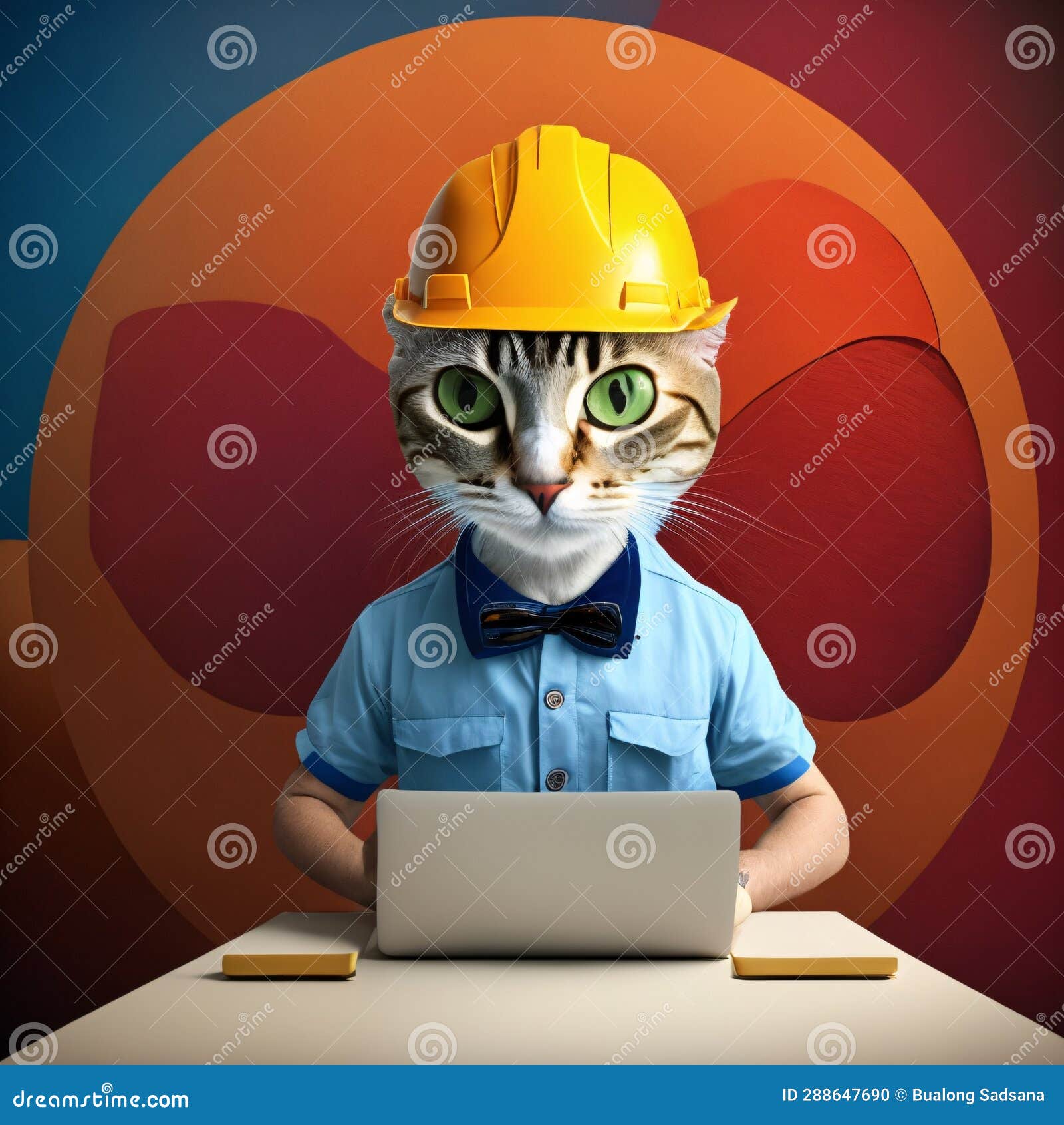 Handsome Cat Engineer Construction Worker Sitting at the Desk and Using ...