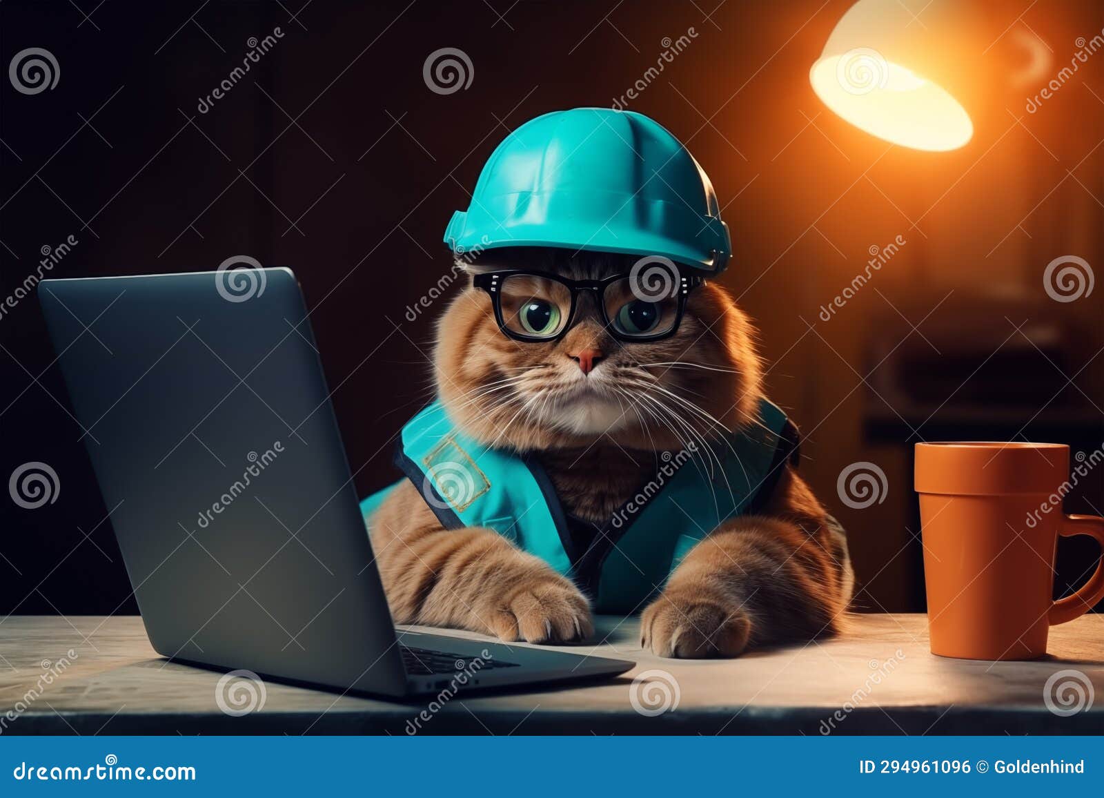 Handsome Cat Engineer Construction Worker Sitting at the Desk and Using ...