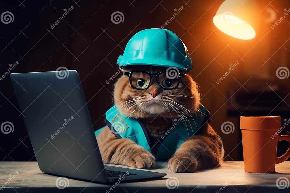 Handsome Cat Engineer Construction Worker Sitting at the Desk and Using ...
