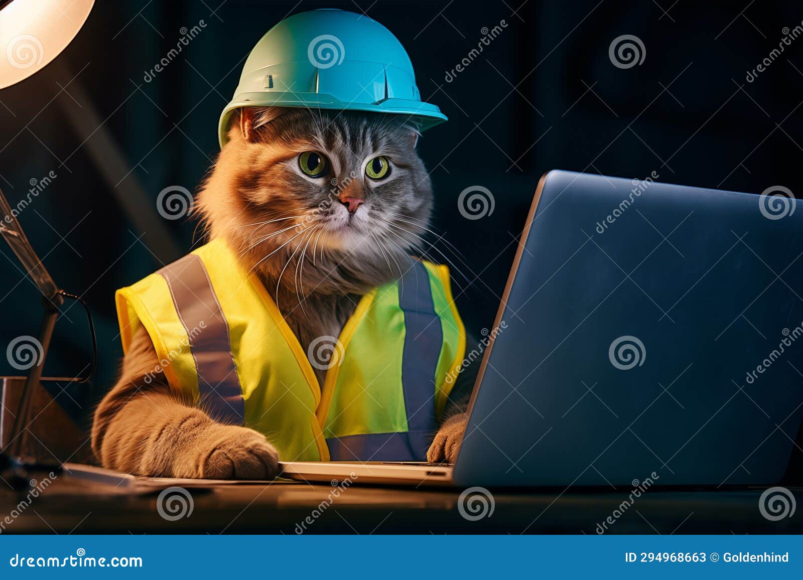 Handsome Cat Engineer Construction Worker Sitting at the Desk and Using ...