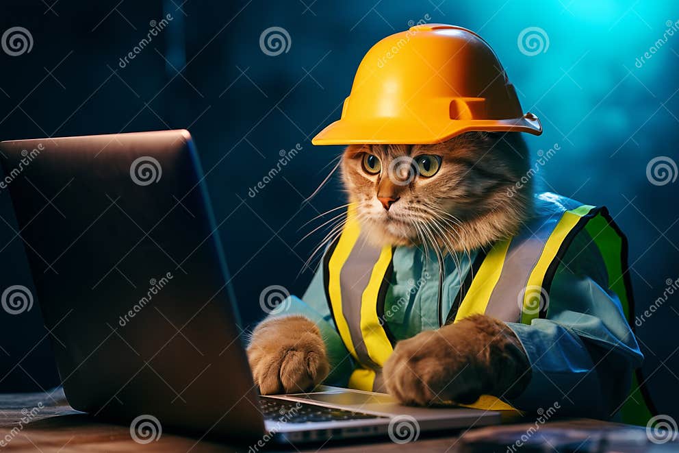Handsome Cat Engineer Construction Worker Sitting at the Desk and Using ...