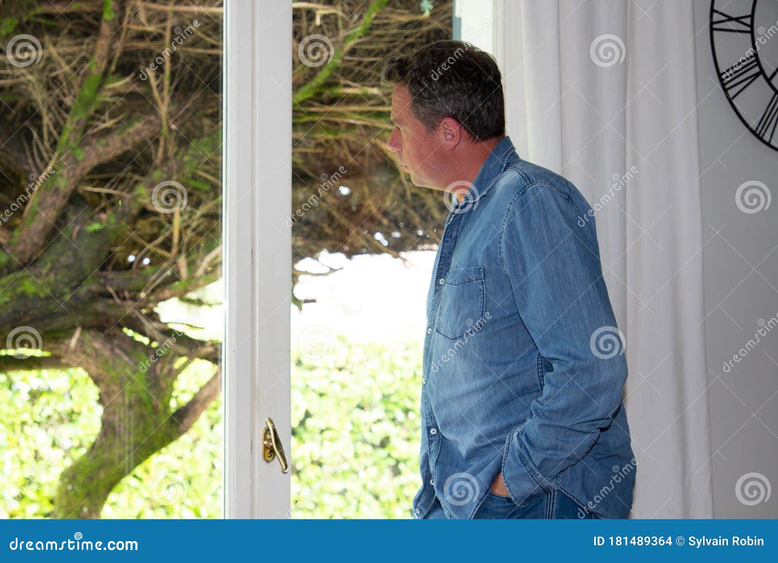 Handsome Caucasian Man Waiting Looking Window Home Pensive Thinking ...