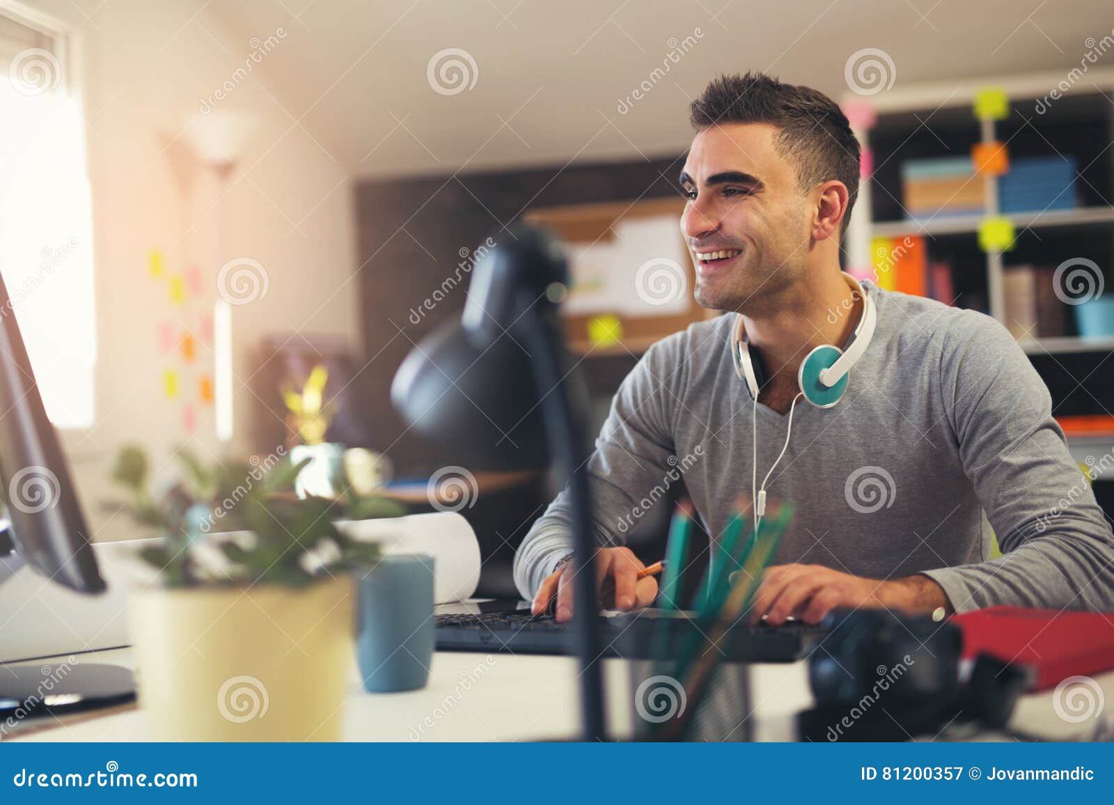 Handsome Caucasian Man at Work Desk Stock Image - Image of caucasian ...