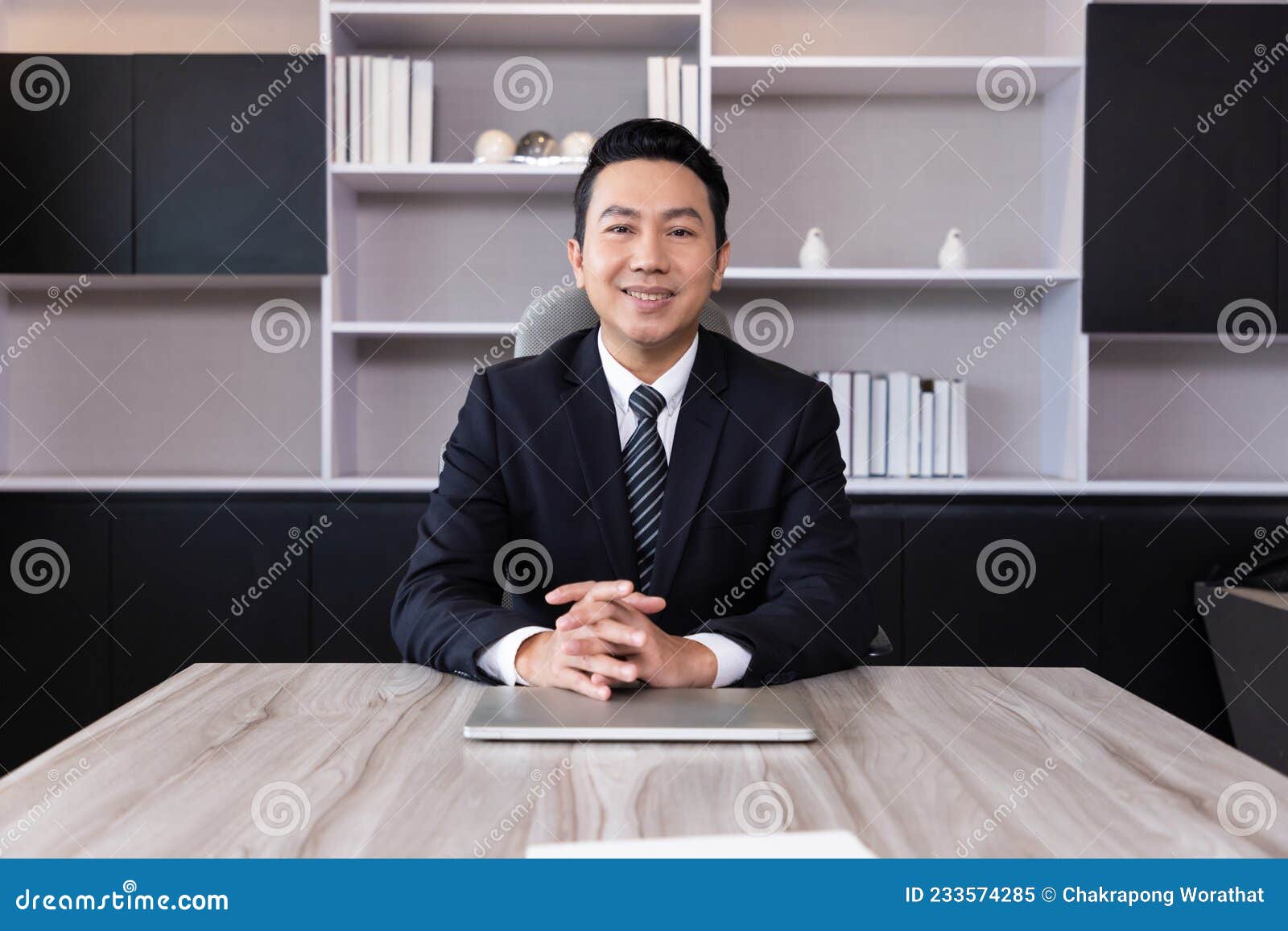 Handsome Cheerful Asian Man Executive Business Man at the Workspace ...