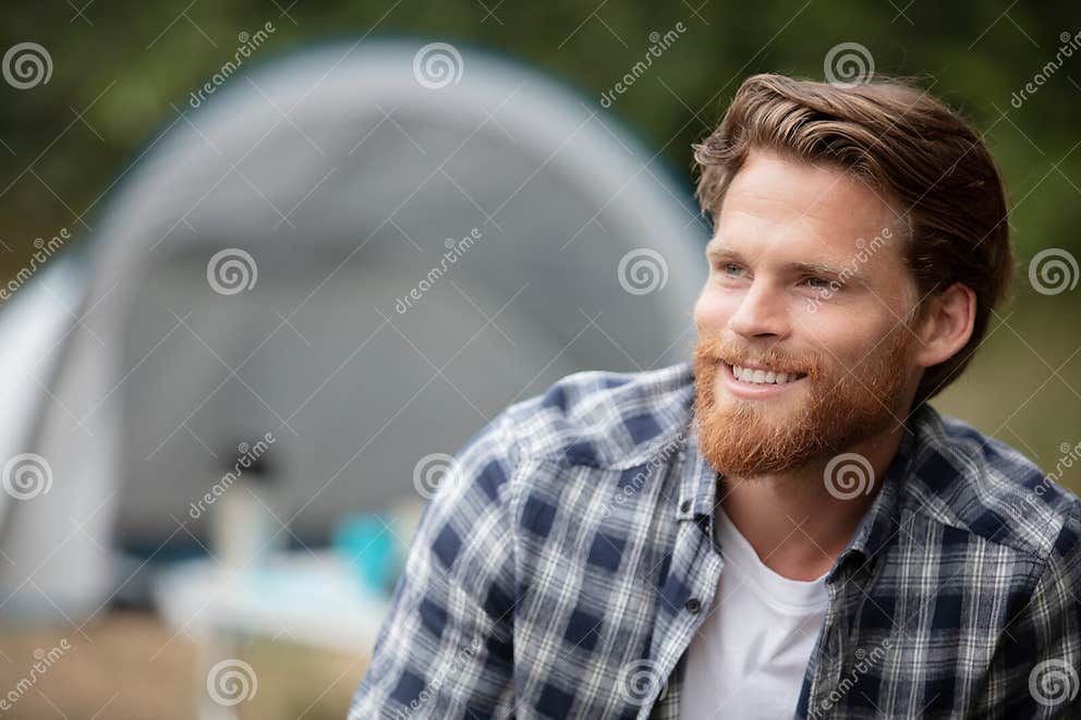 Handsome Cheerful Man Camping Outdoors Stock Photo - Image of tourism ...