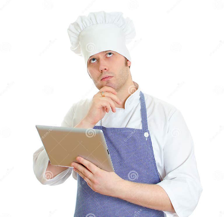 Handsome Chef Cook Thinking Stock Image - Image of device, compose ...