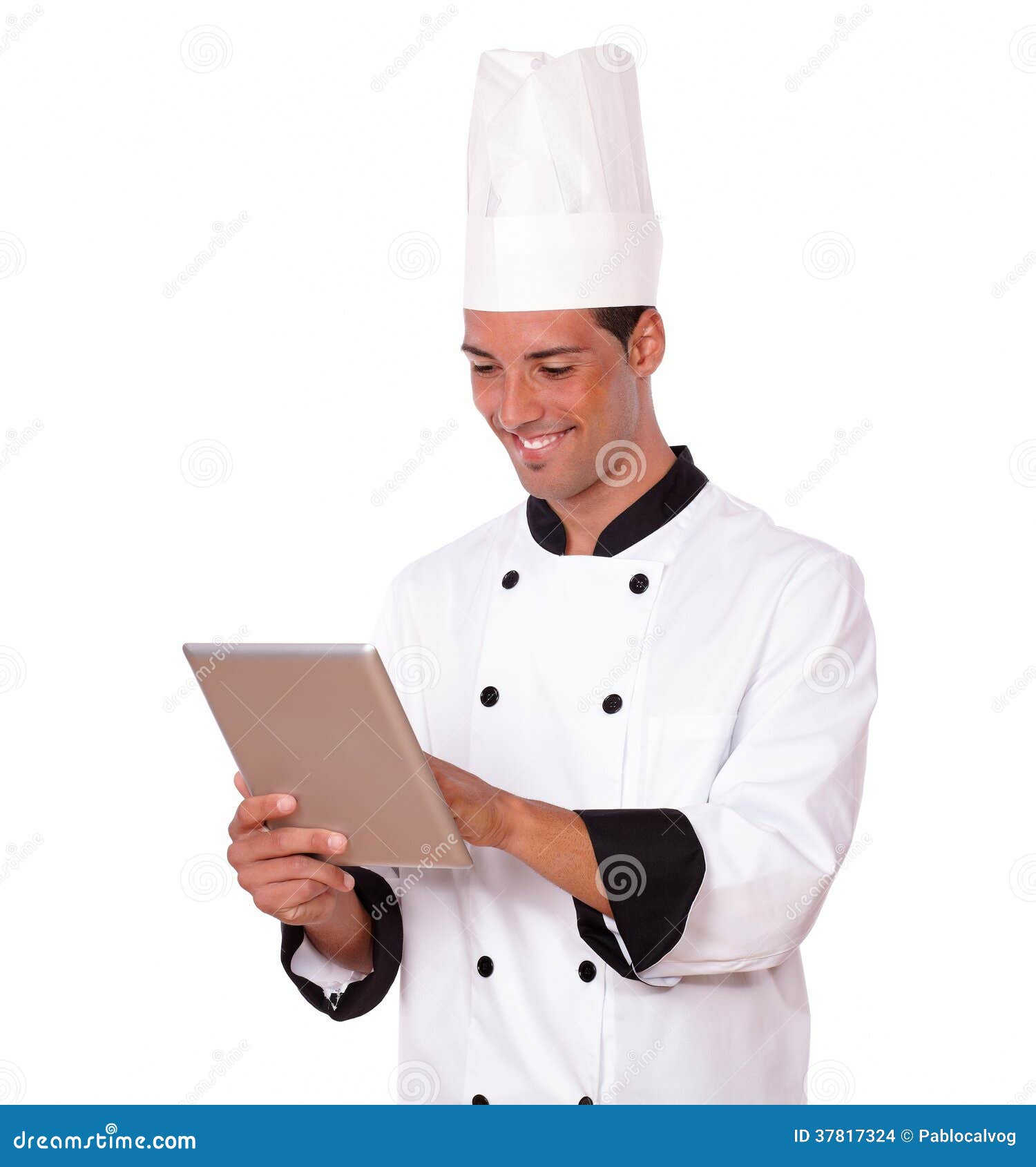Handsome Chef Guy Using His Tablet Pc Stock Photo - Image of positive ...