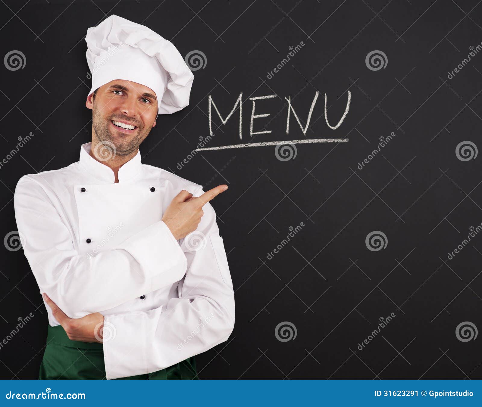 Handsome chef showing menu stock image. Image of blank - 31623291