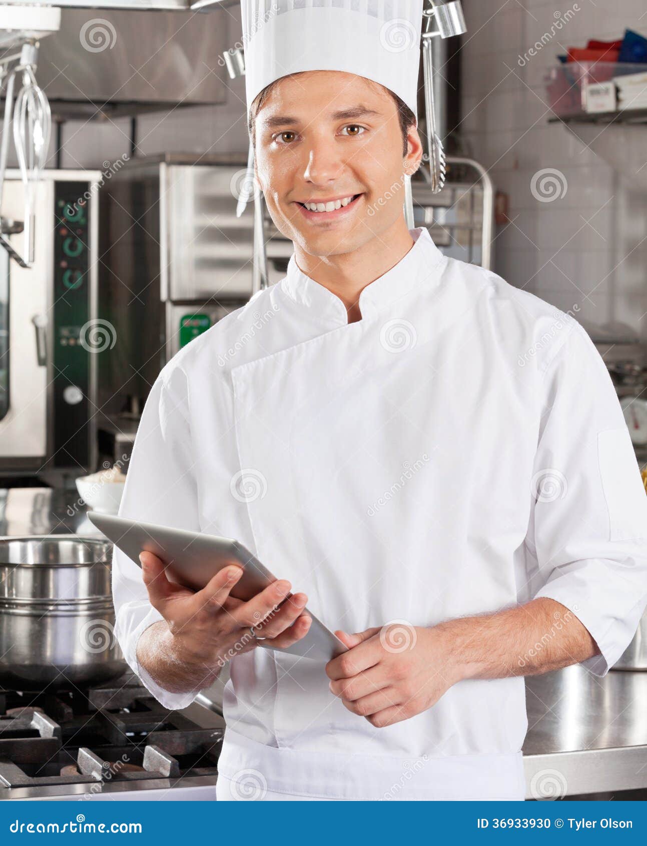 Handsome Chef with Tablet Computer Stock Photo - Image of communication ...