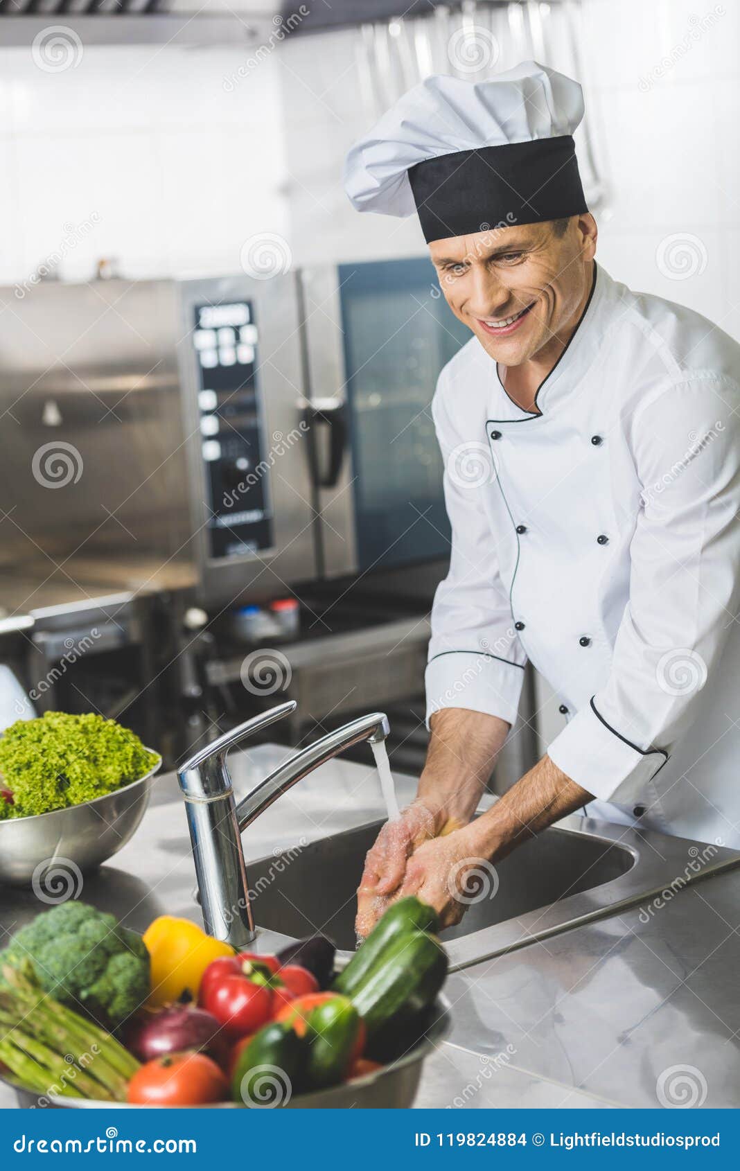 Handsome Chef Washing Hands Stock Photo - Image of male, organic: 119824884