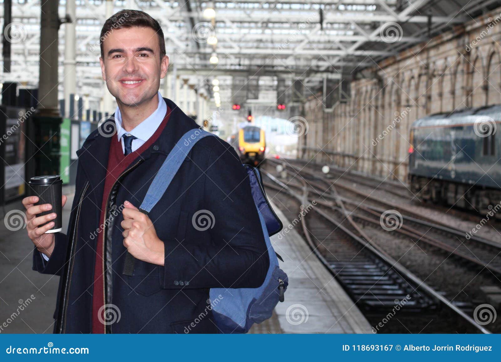 Handsome Commuter Smiling While Waiting For His Train Stock Image ...