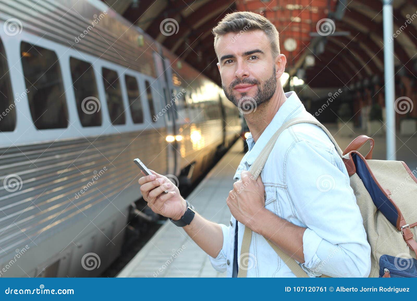 Handsome Commuter Smiling While Waiting For His Train Stock Image ...