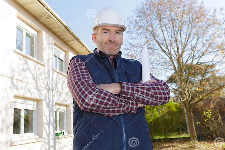 Handsome Construction Engineer in Front Building Stock Image - Image of ...