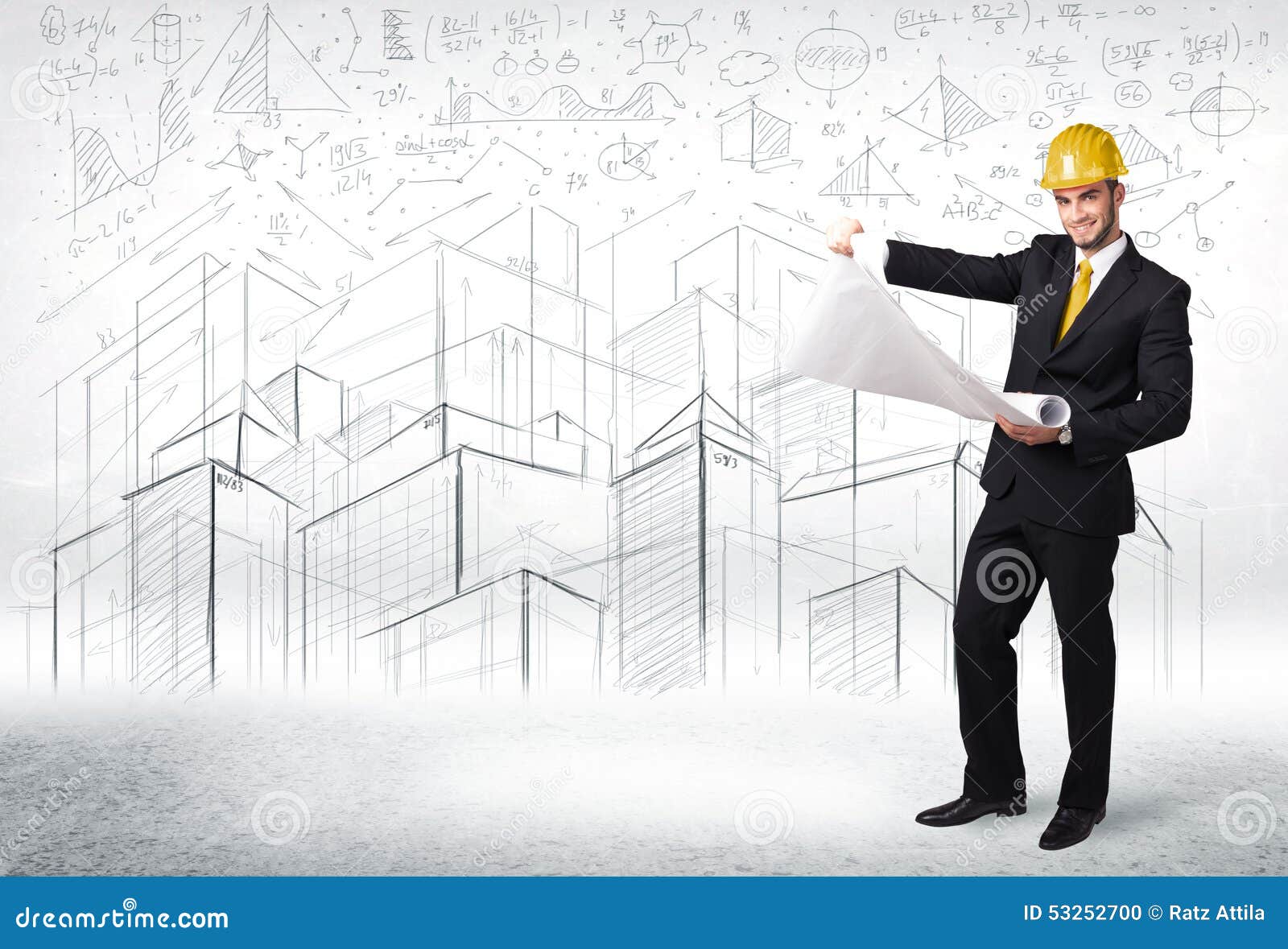 Handsome Construction Specialist with City Drawing in Background Stock ...