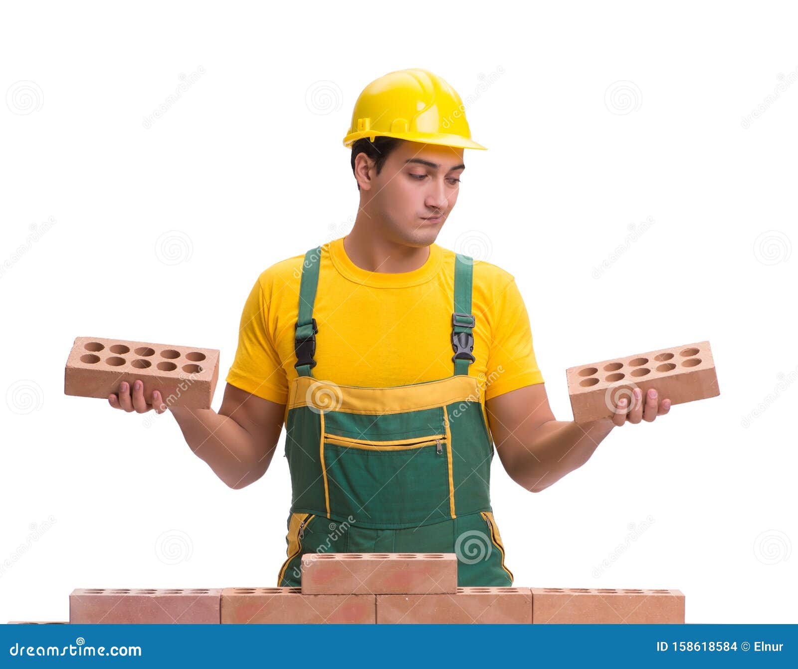 The Handsome Construction Worker Building Brick Wall Stock Photo ...