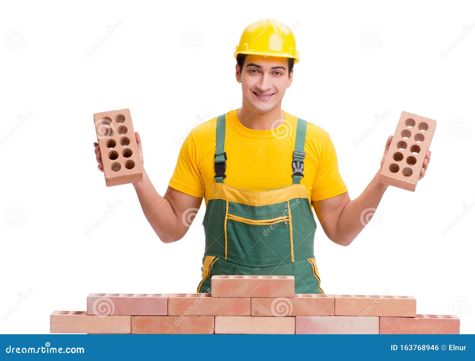 The Handsome Construction Worker Building Brick Wall Stock Photo ...